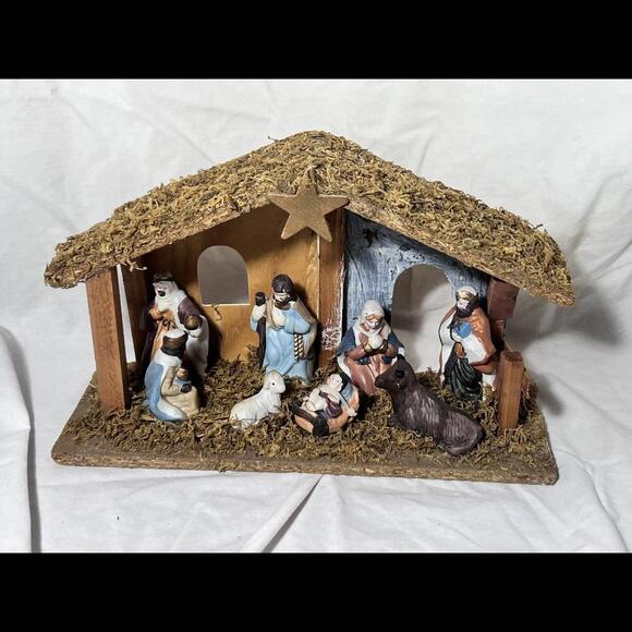 Accents | 9 Piece Wooden Nativity Set Manger Stable Creche Ceramic ...